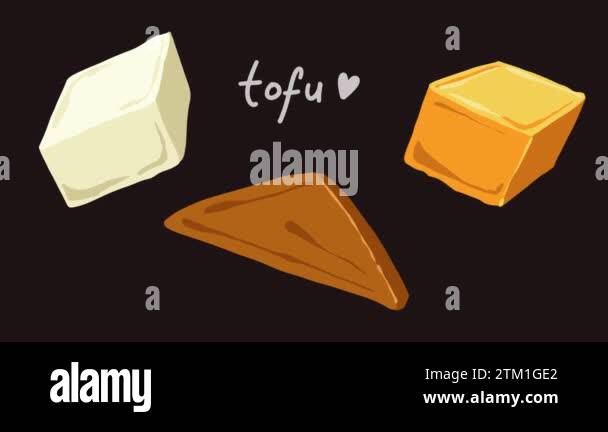 White, yellow, and marinated sweet soy sauce triangle tofu animation ...