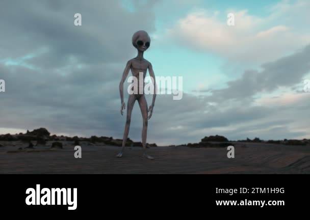 Alien surveys Earth after landing. UFO, UAP, concept. 4K CGI animation ...