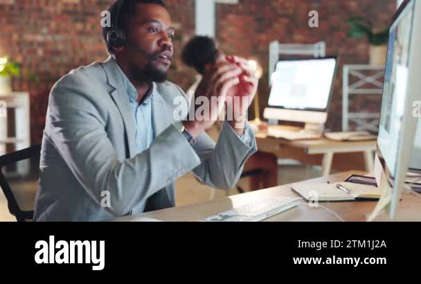 Stress Headache Burnout And Call Center Black Man Exhausted And