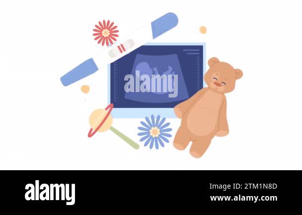 Animated celebrate pregnancy journey. Baby sonogram with gifts, test ...