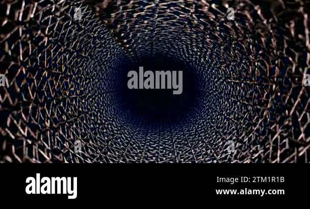 Futuristic pipe structure bumpy metal grid tube, camera moving through ...