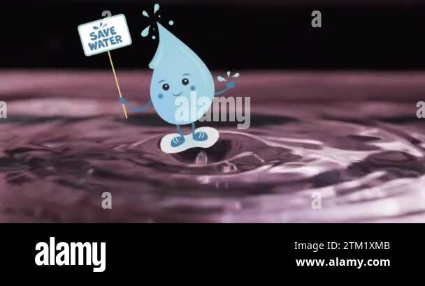 Animation of save water text on sign held by water droplet on water ...