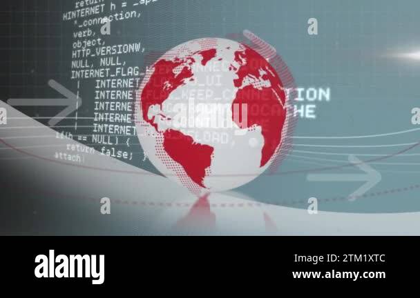 Animation of computer language over globe and up arrows against abstract background. Digitally ...