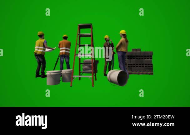 3D four workers green screen working and designing the building moving ...