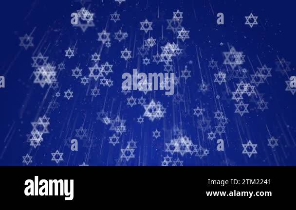 White Stars of David rotate and fly down on a blue background ...