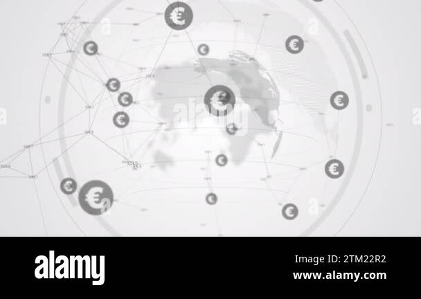 Icons with euro symbol rotating around the globe. Financial indicators ...