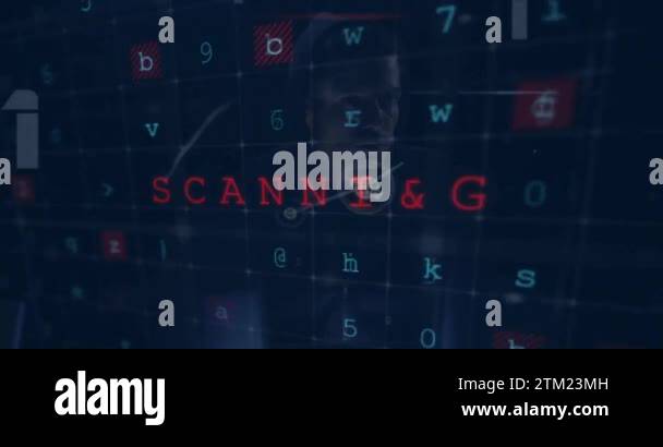 Animation of connected icons, letters, symbols, numbers, texts, caucasian hacker using computer ...