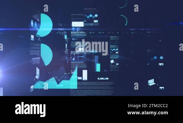 Animation of screens with statistical data processing against light spots on blue background ...