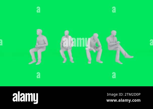 3d several idle men sitting green screen isolated background moving ...