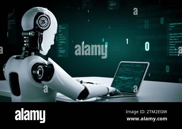 Futuristic robot artificial intelligence huminoid AI programming coding technology development ...