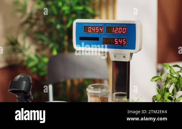 Close up of electronic scale in zero waste supermarket with low carbon ...