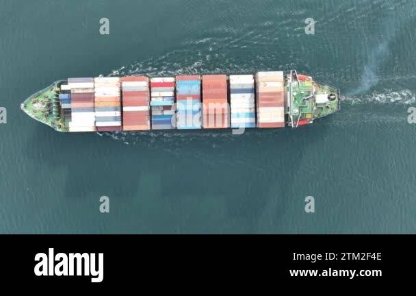 Large container ship at sea. Top down view. Aerial top view of cargo ...