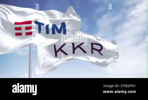 Rome, IT, Nov. 5 2023: Flags of TIM and KKR waving on a clear day. KKR ...