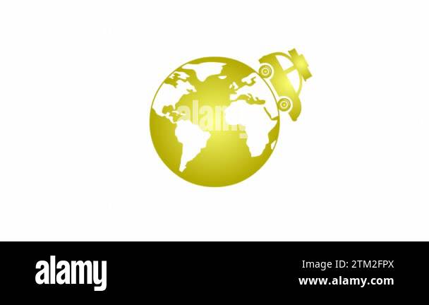 Animated car drives around the planet. golden vintage car with baggage ...