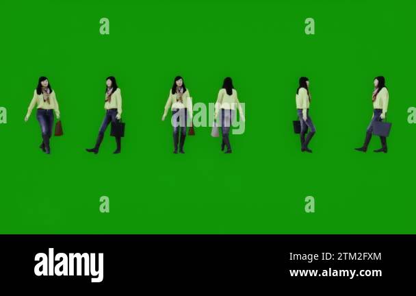American woman green screen walking the arcade with shopping bags six ...