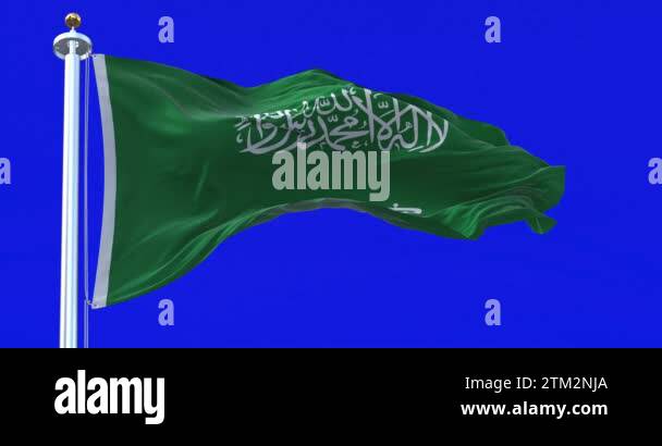 Saudi Arabia flag waving isolated on a blue background. Green field ...