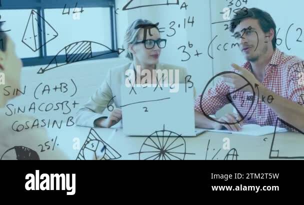 Animation of mathematical equation and diagram, diverse coworkers ...