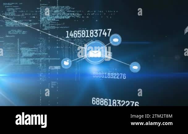 Animation of changing numbers, network of digital icons and data processing against blue light ...