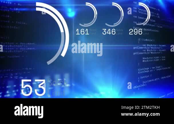 Animation of interface with data processing and light spots against blue background. Computer ...