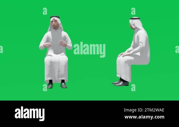 Arabic man sitting pose front view and side view, realistic 3D people ...