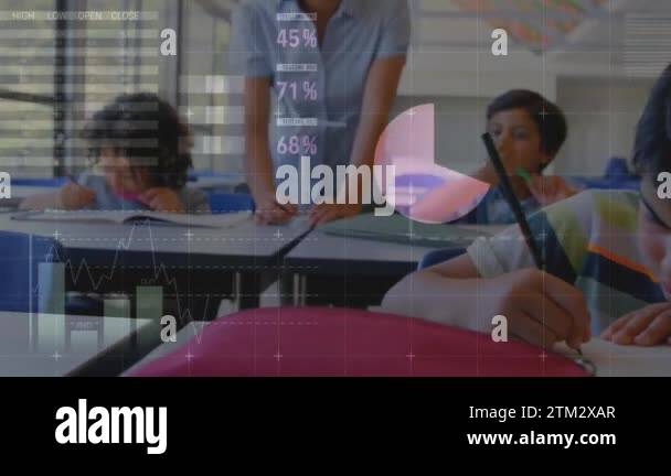 Animation of multicolored infographic interface over diverse teacher ...