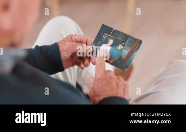 Photograph, memory and old man in home remember woman, event and ...