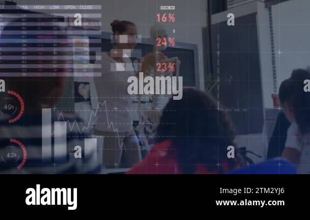 Animation of infographic interface, caucasian female teacher teaching ...