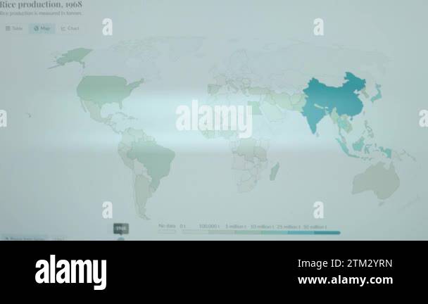 Rice production from 1961 to 2021 world map time-lapse on computer ...
