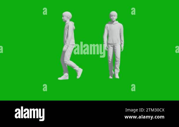 3D school boy walking green screen with two different views without ...