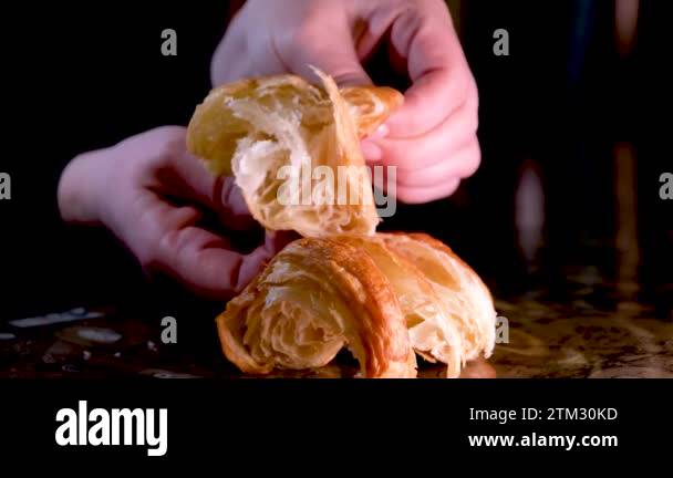 female hands are tearing a fresh croissant the porous structure of ...