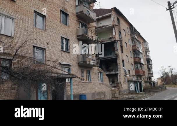 house destroyed, ruined building, shell explosion. In aftermath of ...