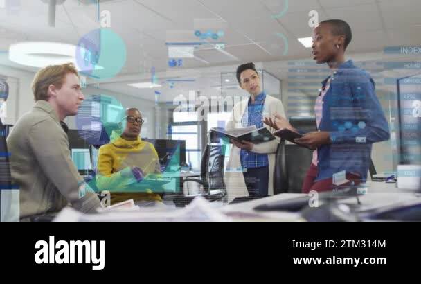 Animation of infographic interface and multiracial colleagues ...