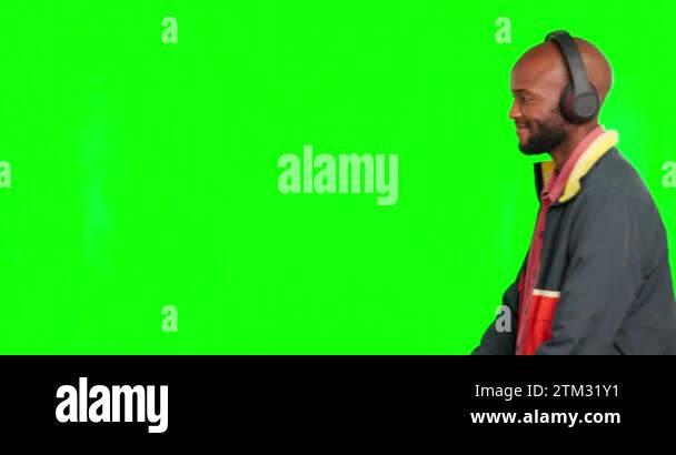 Dance, green screen or pointing black man happy, dancing to radio music ...
