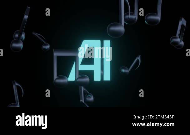 3D animation of glowing AI symbols intertwined with musical notes ...
