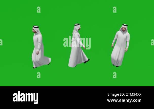 3d young arab man green screen walking store with 3 different views ...