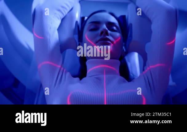 4k video CT scan of abdomen of woman close-up in medical clinic. Girl ...