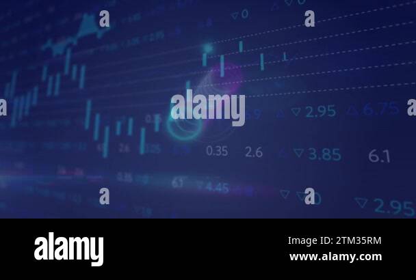 Animation of statistical data processing over glowing power button icon against blue background ...