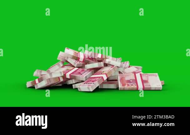 3d animation of stacks of 100 Chinese yuan notes falling on greenscreen ...