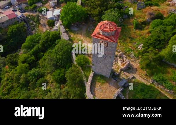 The drone footage captures the stunning ruins of Stari Bar, with stone ...