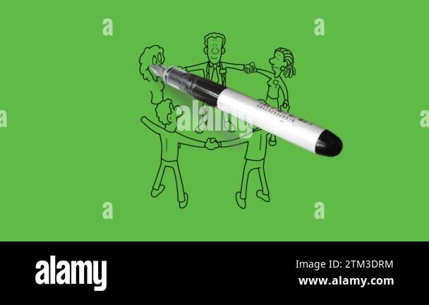 Draw group of five people men and women stand hold hand in hand ...