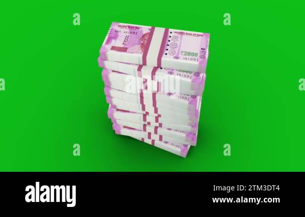 3d animation of stacks of 200 Indian rupee notes falling on greenscreen ...