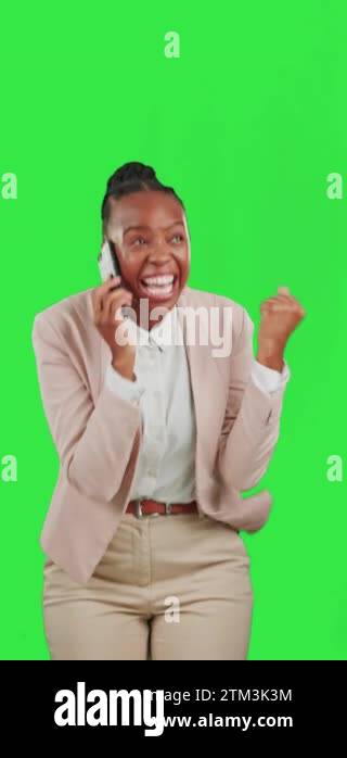 Black woman with phone call, winner with fist pump on green screen ...
