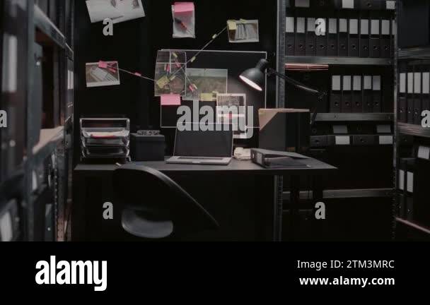 Evidence board with case files or investigation clues on police archive ...