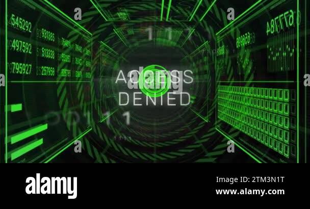 Animation of access denied text, changing numbers in circles, loading bars against black ...