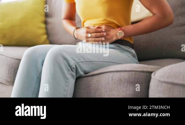 Period, pain and hands of black woman on stomach holding belly for ...