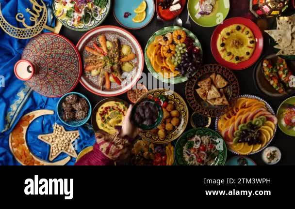Family dinner. Arabic Middle Eastern traditional cuisine, Iftar in the ...