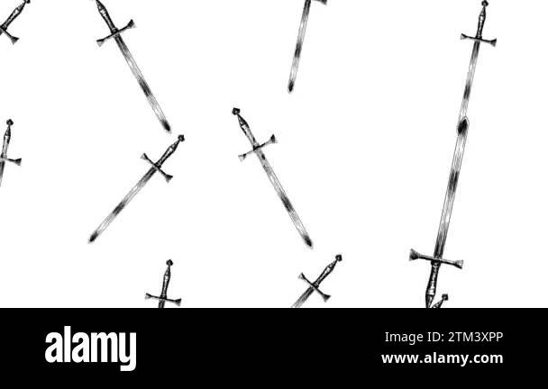 Rotating swords on a black screen. Looped background with bladed ...