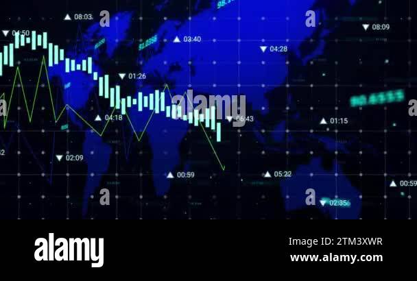 Animation of multiple graphs with changing numbers over map against black background. Digitally ...