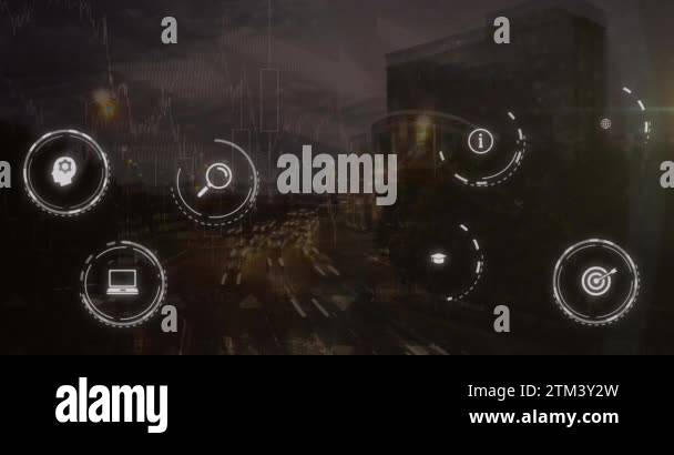 Animation of icon in circles over graphs against time-lapse of moving ...