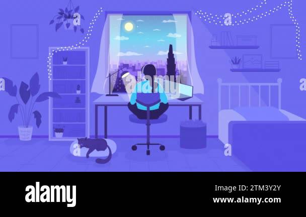 Animated studying lo fi background. Late night homework. 2D cartoon ...